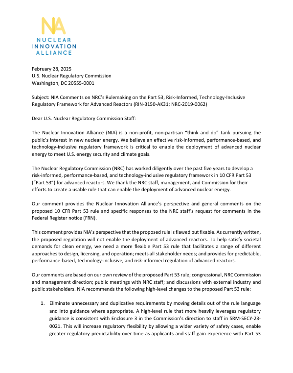 NIA Comments on NRC’s Rulemaking on the Part 53, Risk-Informed, Technology-Inclusive Regulatory ...